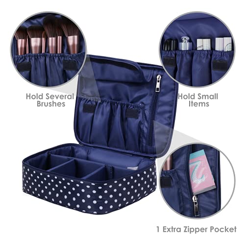 Narwey Travel Makeup Bag with Brush Compartments,Portable Cosmetic Bag,Make up Bag Makeup Organizer Case with Brush Storage for Women(Blue Polka Dot)
