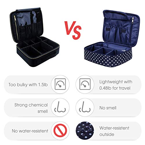 Narwey Travel Makeup Bag with Brush Compartments,Portable Cosmetic Bag,Make up Bag Makeup Organizer Case with Brush Storage for Women(Blue Polka Dot)