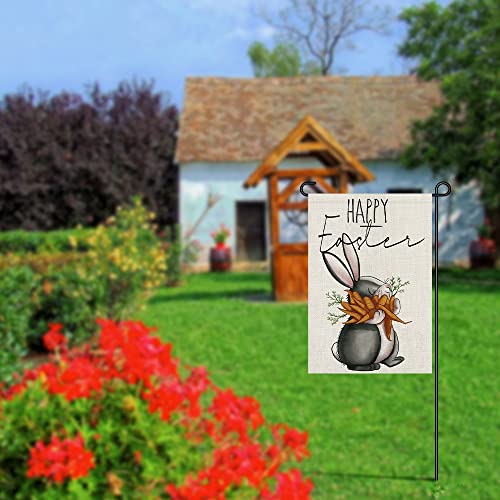 Happy Easter Bunny Garden Flag 12x18 Inch Burlap Double Sided Outside, Easter Carrot Sign Yard Outdoor Decoration DF216