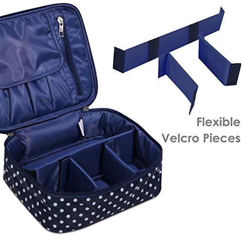 Narwey Travel Makeup Bag with Brush Compartments,Portable Cosmetic Bag,Make up Bag Makeup Organizer Case with Brush Storage for Women(Blue Polka Dot)