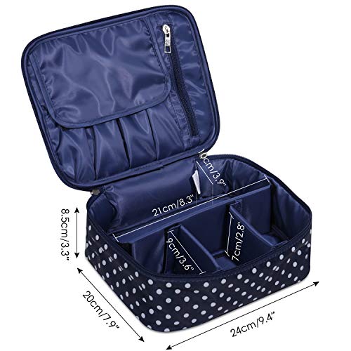 Narwey Travel Makeup Bag with Brush Compartments,Portable Cosmetic Bag,Make up Bag Makeup Organizer Case with Brush Storage for Women(Blue Polka Dot)