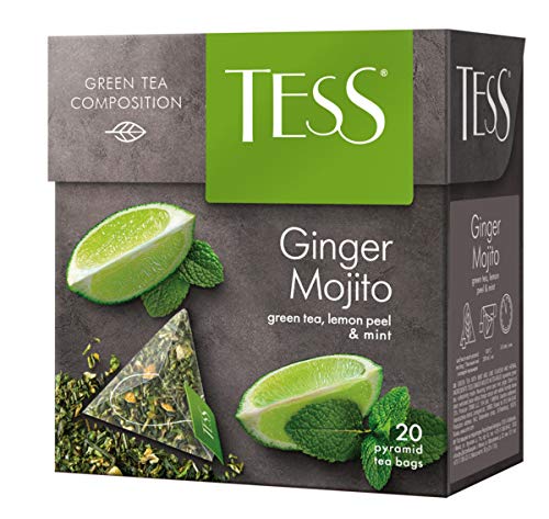 Tess Ginger Mojito Green Tea Composition Lemon Peel and Mint Leaf Tea in 20 Pyramid Sachets