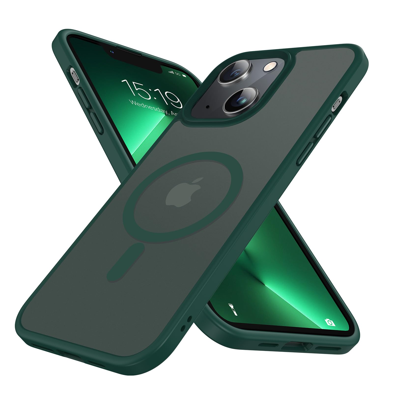 Mgnaooi Magnetic Case for iPhone 13 Mini Case [MIL-Grade Drop Tested & Compatible with MagSafe] Translucent Matte Back with Aluminum Alloy Keys, Shockproof Phone 13 Mini Case 5.4 Inch, Green
