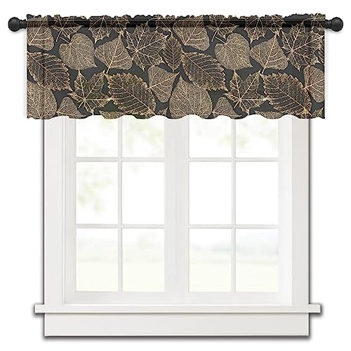 BOBOWUNY Thanksgiving Fall Sheer Window Valance Rod Pocket Valance Curtain, Gold Autumn Maple Leaves Black Backdrop Semi Sheer Drapery for Bedroom Kitchen Window Decor Curtains, 1 Panel 54"x18"