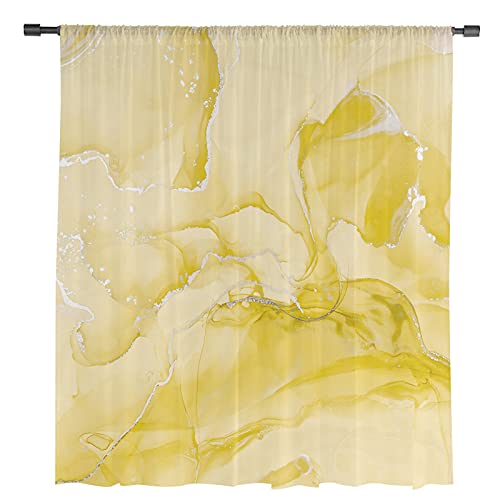 Chiffon Sheer Curtains & Drapes 45 Inch Long, Lightweight Breathable Voile Window Curtain Panels Yellow Marble with Gold Silver Glitter Splatter Curtains Backdrop Drapes for Bedroom Livingroom Wedding