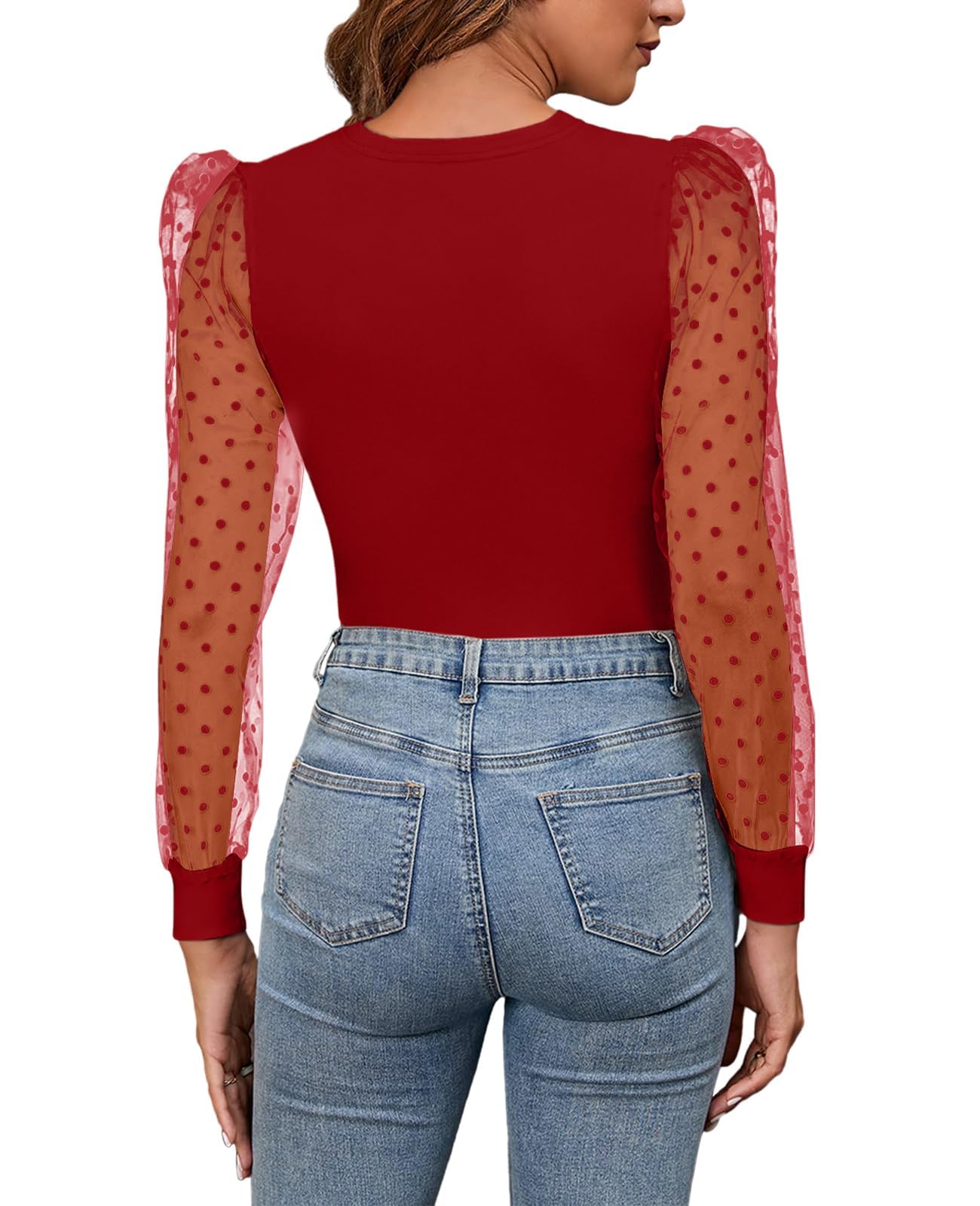 Womens Long Sleeve Tops Winter Crewneck Fashion Polka Dots Sheer Mesh Red L
