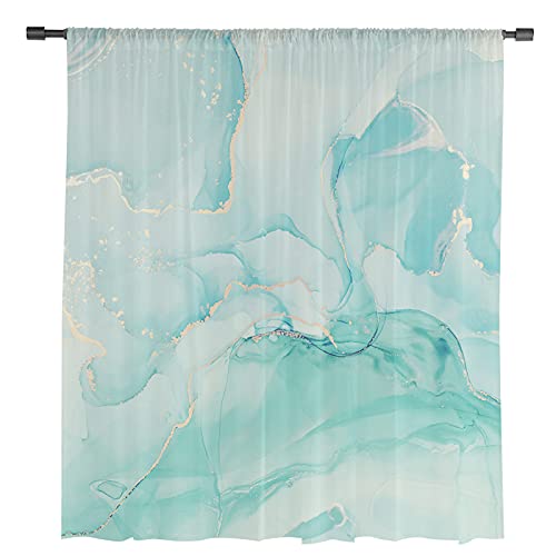Chiffon Sheer Curtains & Drapes 96 Inch Long, Lightweight Breathable Voile Window Curtain Panels Turquoise Green Marble with Gold Glitter Splatter Curtains Backdrop Drapes for Livingroom Wedding