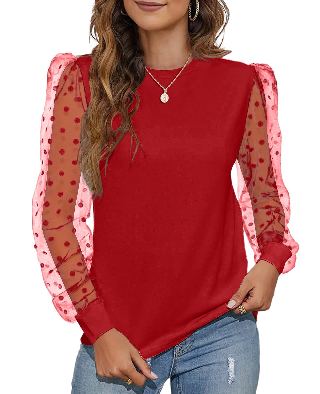 Womens Long Sleeve Tops Winter Crewneck Fashion Polka Dots Sheer Mesh Red L