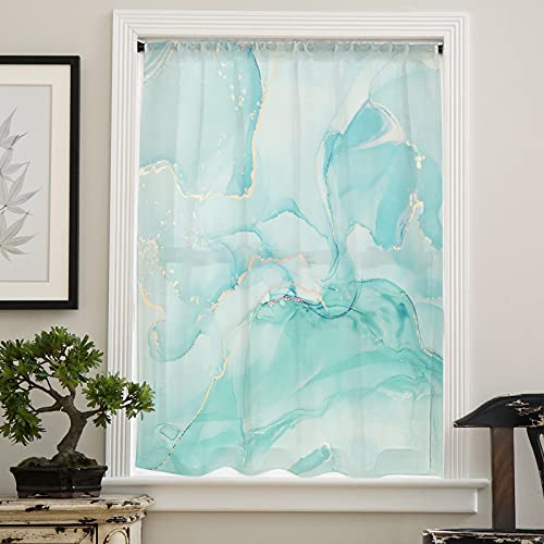 Chiffon Sheer Curtains & Drapes 96 Inch Long, Lightweight Breathable Voile Window Curtain Panels Turquoise Green Marble with Gold Glitter Splatter Curtains Backdrop Drapes for Livingroom Wedding