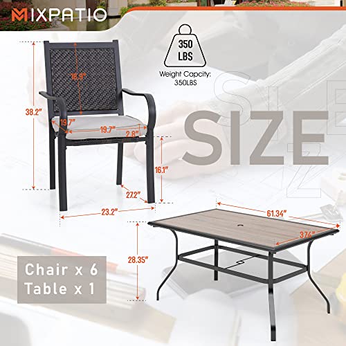 MIXPATIO Outdoor Patio Dining Set 7 Pcs, Patio Dining Table Chair Set, 6 Rattan Chairs with Cushions and 1 Dining Table with Umbrella Hole, for Lawn, Garden, Yards, Poolside