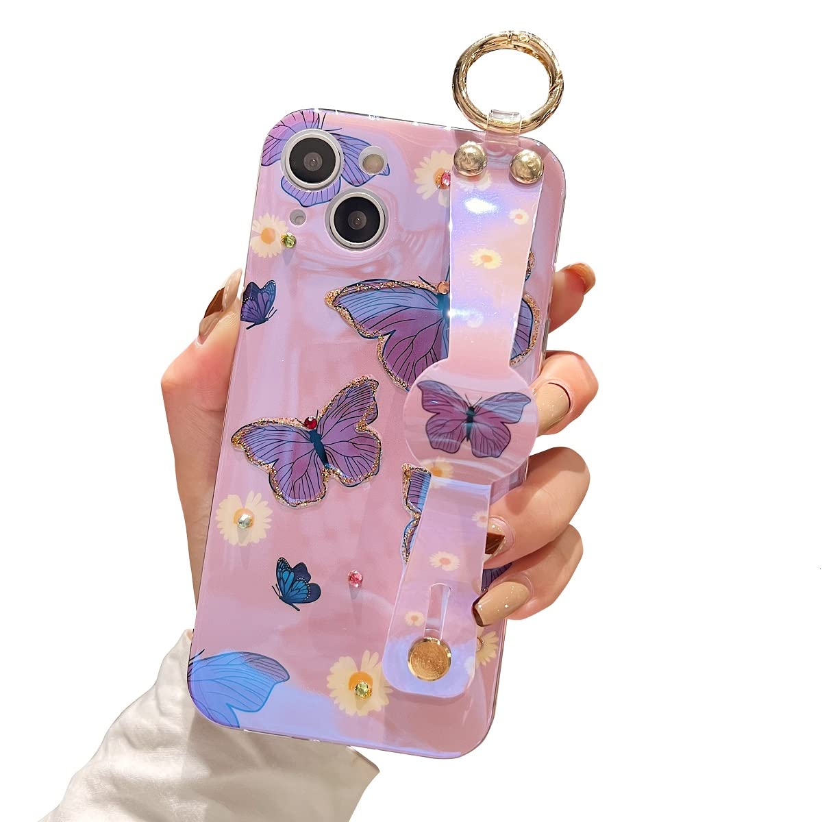 Lastma for iPhone 13 Mini Case Cute with Wrist Strap Kickstand Glitter Bling Cartoon IMD Soft TPU Shockproof Protective Cases Cover for Girls and Women (Butterfly)