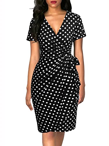 Lyrur Women's Vintage Polka Dot Black Wrap Dresses Knee Length Short Sleeves Sheath V Neck Casual Party Work Dress(L,9069-Black Dot)