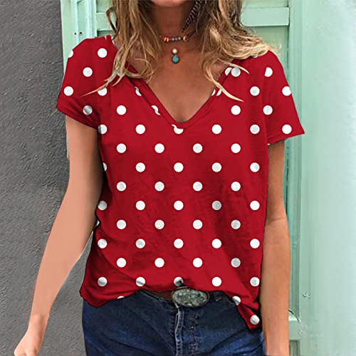 Cute Summer Tops for Women Polka Dots V Neck Short Sleeve Blouse Comfy Casual Regular Fit T Shirts 2024 Trendy Clothes Red