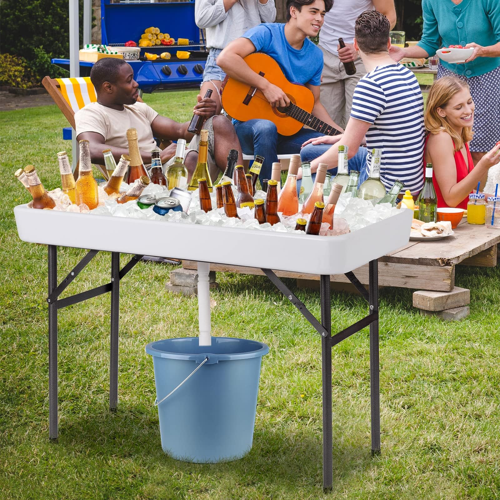 Giantex Folding Ice Table with Drain, 4 ft Portable Cooler with Removable Skirt, No Assembly, Fill and Chill Table for Food Drink Beverage, Foldable Party Ice Bin for Camping BBQ Outdoor