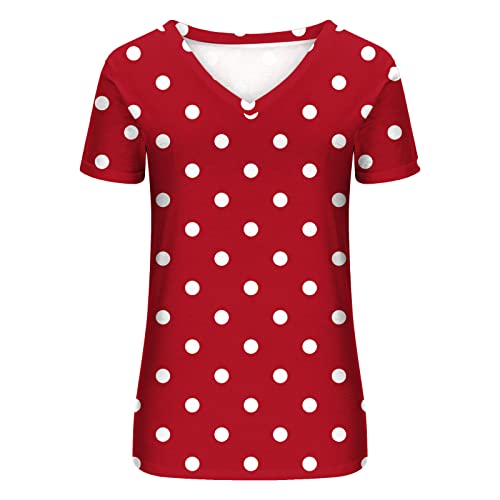 Cute Summer Tops for Women Polka Dots V Neck Short Sleeve Blouse Comfy Casual Regular Fit T Shirts 2024 Trendy Clothes Red