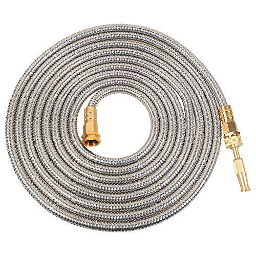 VERAGREEN Stainless Steel Metal Garden Hose 304 Stainless Steel Water Hose with Solid Metal Fittings and Newest Spray Nozzle, Lightweight, Kink Free, Durable and Easy to Store(50FT)