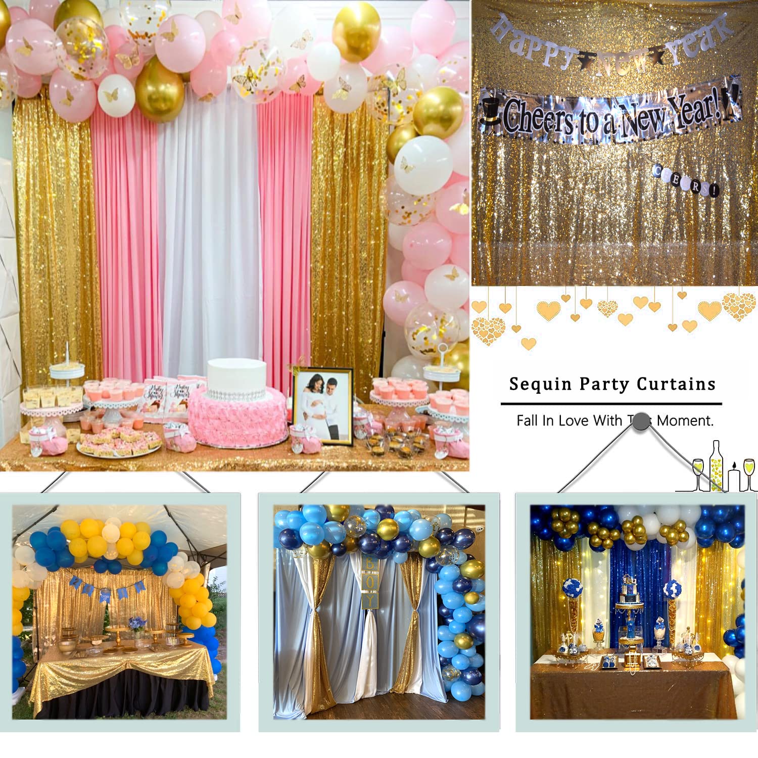 TCBESTO Gold Sequin Backdrop Curtains Glitter Drapes 2FTx8FT 4 Panels for Wedding Birthday Party Decorations Bridal Baby Shower Party Supplies Sparkly Photography Background