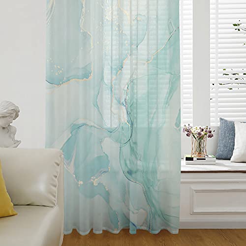 Chiffon Sheer Curtains & Drapes 54 Inch Long, Lightweight Breathable Voile Window Curtain Panels Turquoise Green Marble with Gold Glitter Splatter Curtains Backdrop Drapes for Livingroom Wedding