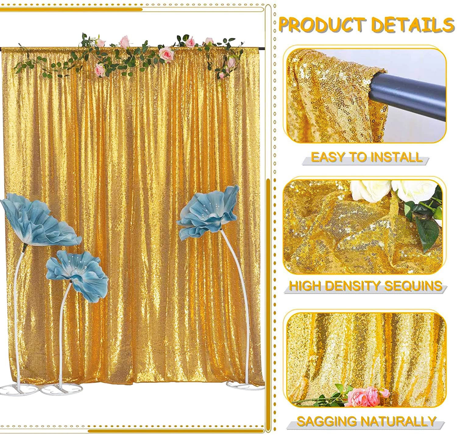 TCBESTO Gold Sequin Backdrop Curtains Glitter Drapes 2FTx8FT 4 Panels for Wedding Birthday Party Decorations Bridal Baby Shower Party Supplies Sparkly Photography Background