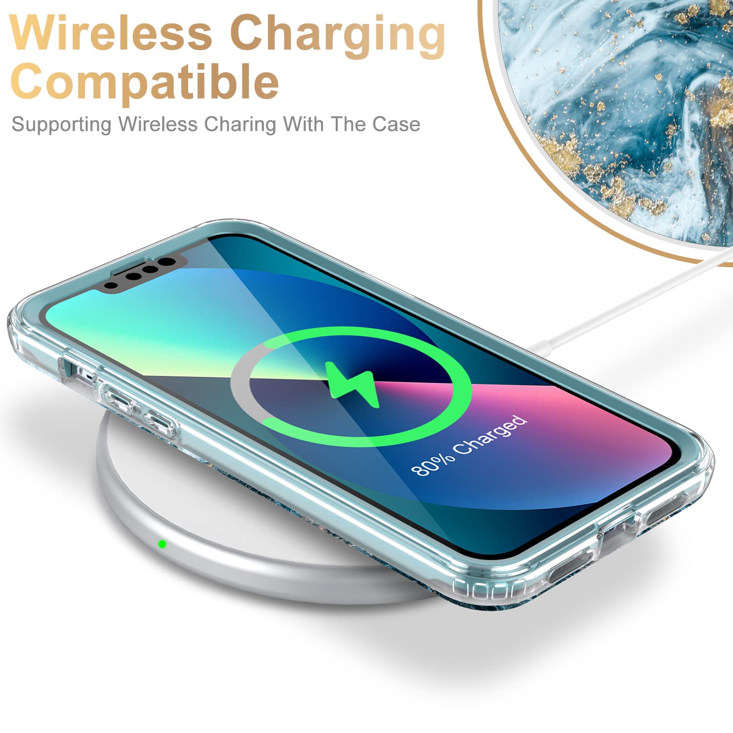 Esdot for iPhone 13 Mini Case with Built-in Screen Protector,Military Grade Rugged Cover with Fashionable Designs for Women Girls,Protective Phone Case 5.4" Opal Marble Teal