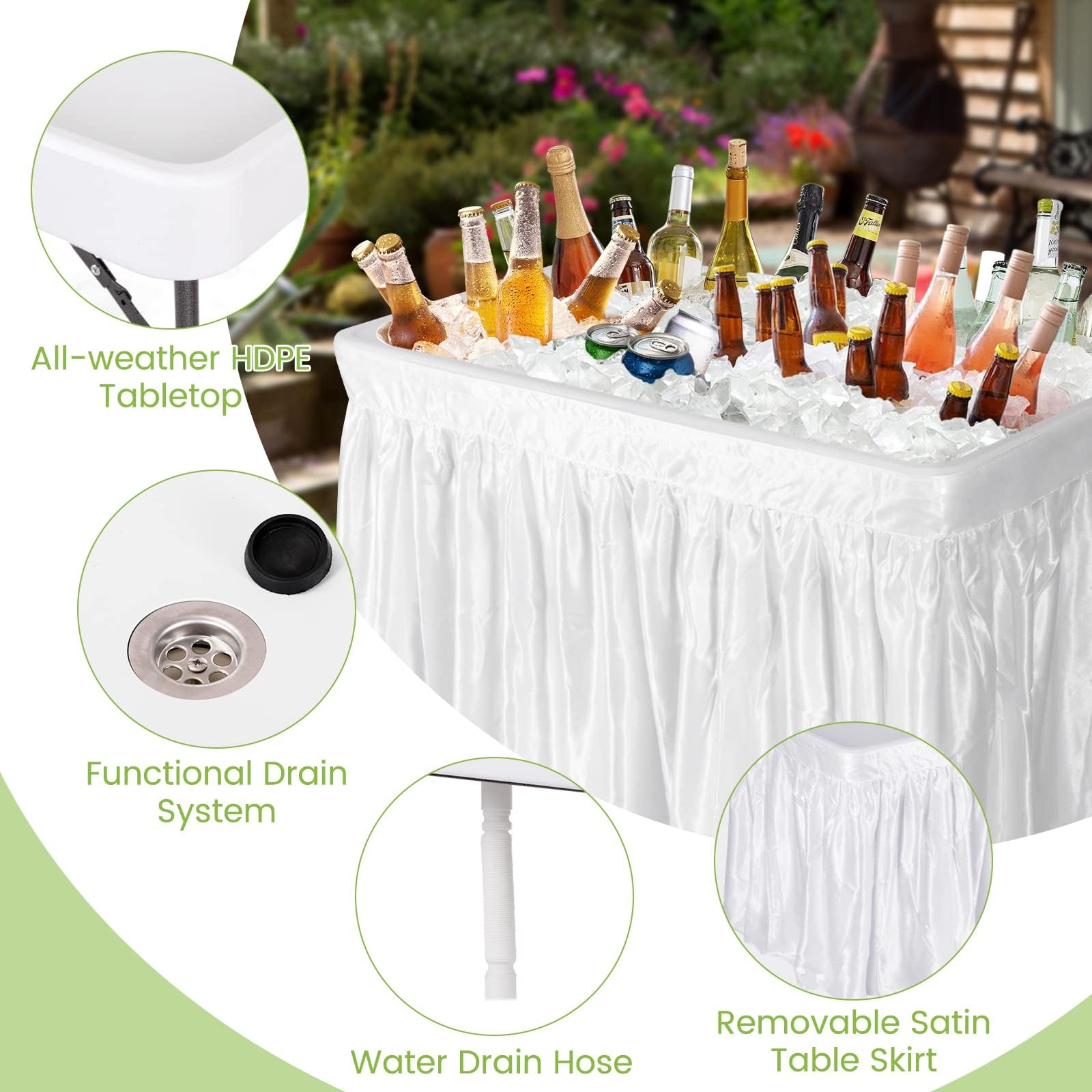 Giantex Folding Ice Table with Drain, 4 ft Portable Cooler with Removable Skirt, No Assembly, Fill and Chill Table for Food Drink Beverage, Foldable Party Ice Bin for Camping BBQ Outdoor