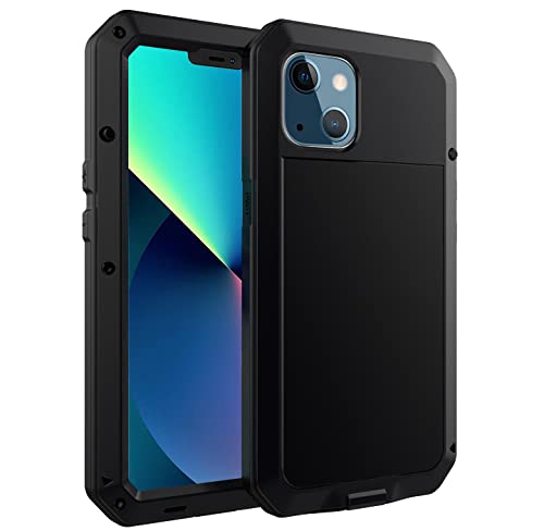 LUSTAM Heavy Duty Rugged Full Body Shockproof Dustproof Military Aluminum Silicone Bumper Protective Hard Case with Built in Screen Protector, Port Protector for iPhone 13 Mini 5.4 inch, Black