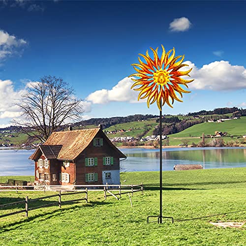 Fawgold Wind Spinner Outdoor Metal Sun Wind Sculpture Spinners for Yard Patio Lawn Garden Decoration 75 inches Double Windmill 360 Degrees Swivel Spinner with Metal Stake