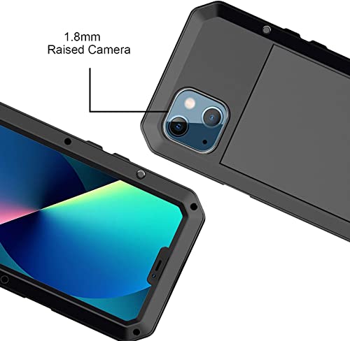 LUSTAM Heavy Duty Rugged Full Body Shockproof Dustproof Military Aluminum Silicone Bumper Protective Hard Case with Built in Screen Protector, Port Protector for iPhone 13 Mini 5.4 inch, Black