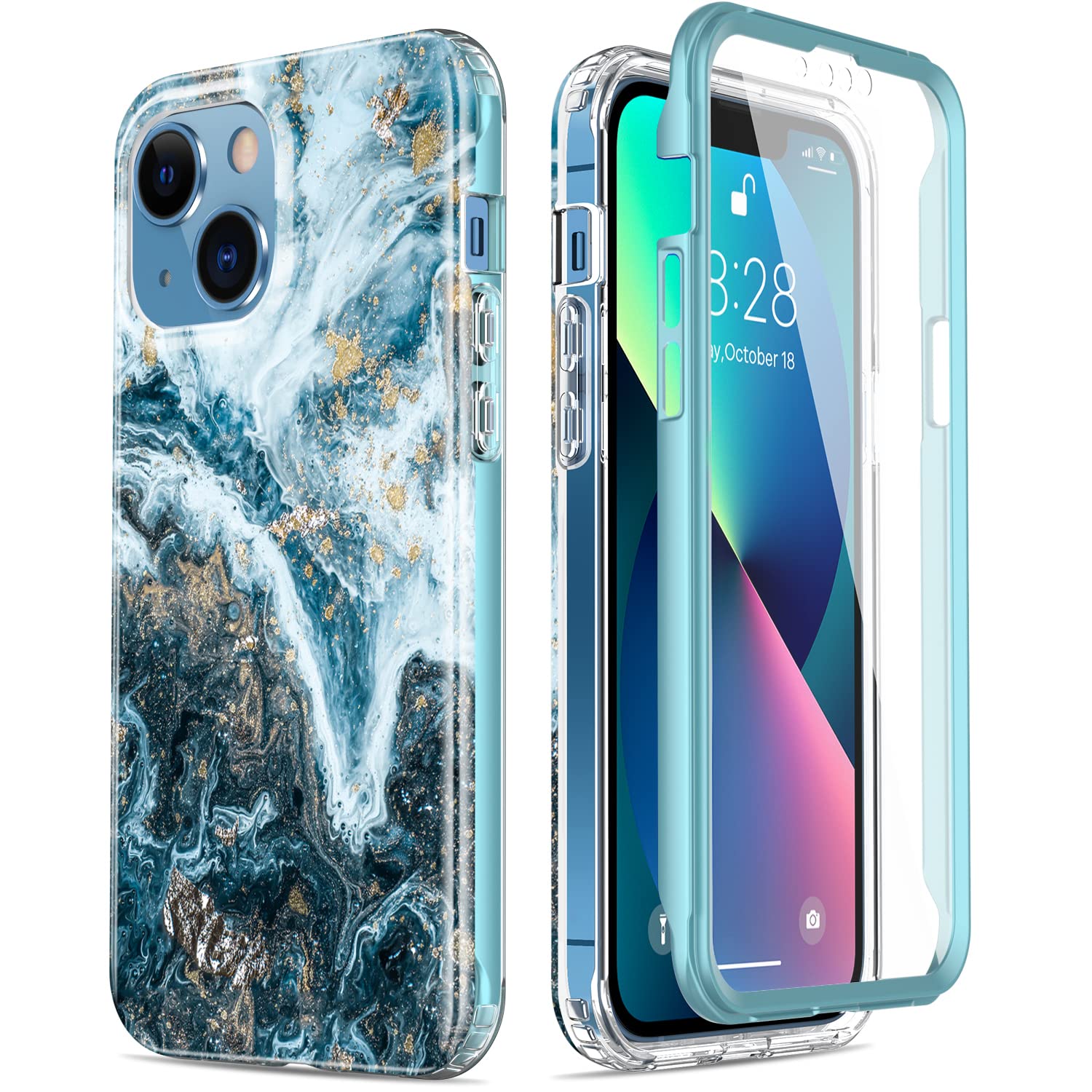 Esdot for iPhone 13 Mini Case with Built-in Screen Protector,Military Grade Rugged Cover with Fashionable Designs for Women Girls,Protective Phone Case 5.4" Opal Marble Teal