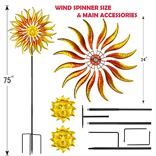 Fawgold Wind Spinner Outdoor Metal Sun Wind Sculpture Spinners for Yard Patio Lawn Garden Decoration 75 inches Double Windmill 360 Degrees Swivel Spinner with Metal Stake