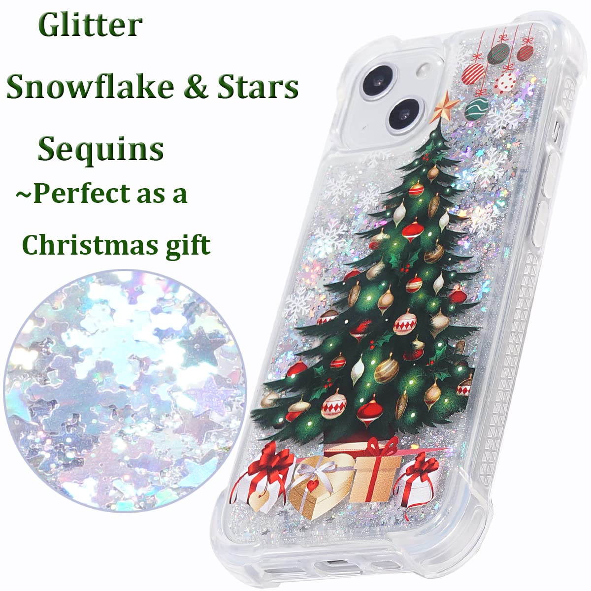 FLOCUTE Glitter Christmas Case Compatible with iPhone 13 Mini Glitter Case Christmas Tree Clear Soft TPU Rubber Bumper Girly Women Cute Liquid Holiday Case for iPhone 13 Mini (Christmas Tree)