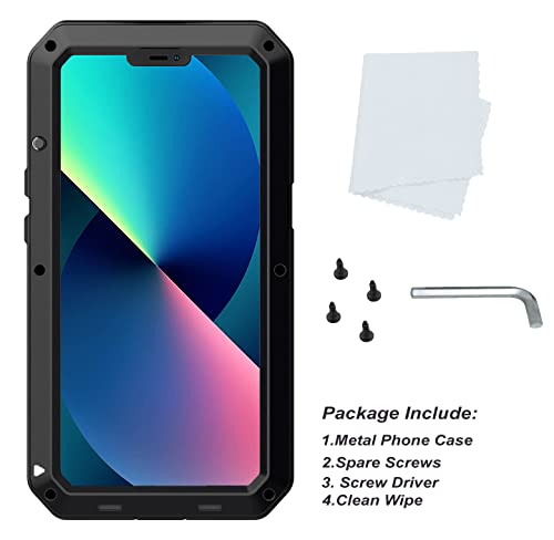 LUSTAM Heavy Duty Rugged Full Body Shockproof Dustproof Military Aluminum Silicone Bumper Protective Hard Case with Built in Screen Protector, Port Protector for iPhone 13 Mini 5.4 inch, Black