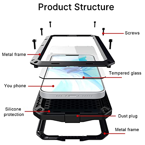 LUSTAM Heavy Duty Rugged Full Body Shockproof Dustproof Military Aluminum Silicone Bumper Protective Hard Case with Built in Screen Protector, Port Protector for iPhone 13 Mini 5.4 inch, Black