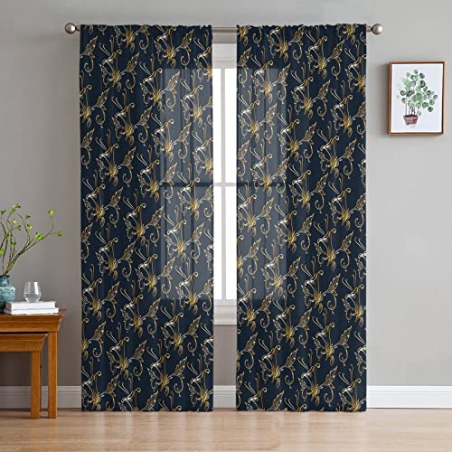 Singingin Chiffon Backdrop Curtain, Gold Gradient Floral Leaves Black Soft Lightweight Window Drapes Rod Pocket Curtains for Bedroom Living Room Home Office Decor 52 x 84 Inch, 2 Panels