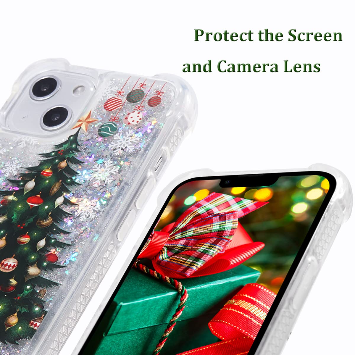 FLOCUTE Glitter Christmas Case Compatible with iPhone 13 Mini Glitter Case Christmas Tree Clear Soft TPU Rubber Bumper Girly Women Cute Liquid Holiday Case for iPhone 13 Mini (Christmas Tree)
