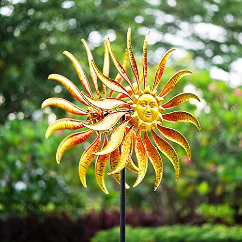 Fawgold Wind Spinner Outdoor Metal Sun Wind Sculpture Spinners for Yard Patio Lawn Garden Decoration 75 inches Double Windmill 360 Degrees Swivel Spinner with Metal Stake