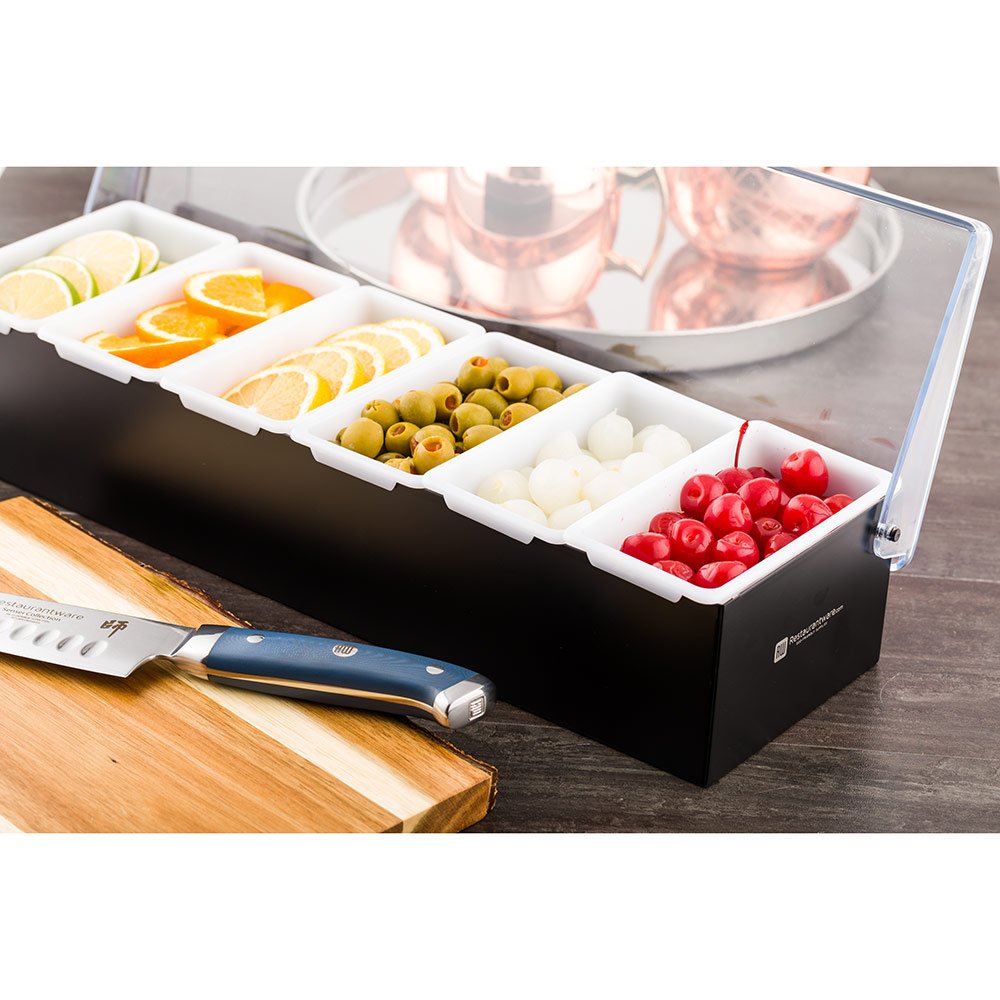 Restaurantware Stainless Steel Condiment Dispenser with 6 Plastic Tray Compartments and Clear Lid: Perfect for Bars Ice Cream Shops and Coffee Buffets - Easy to Use Garnish Server Station - 1-CT