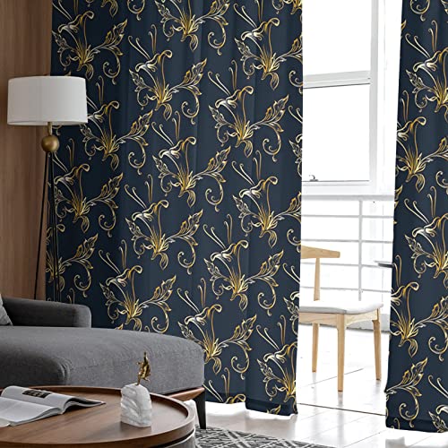 Singingin Chiffon Backdrop Curtain, Gold Gradient Floral Leaves Black Soft Lightweight Window Drapes Rod Pocket Curtains for Bedroom Living Room Home Office Decor 52 x 84 Inch, 2 Panels