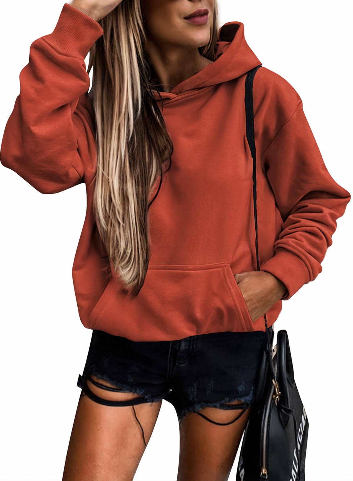SHEWIN Womens Sweatshirts Casual Long Sleeve Fleece Hooded Pullover Sweatshirt Lightweight Cute Fall Tops Outfits Loose Hoodies for Women,US 12-14(L),Orange