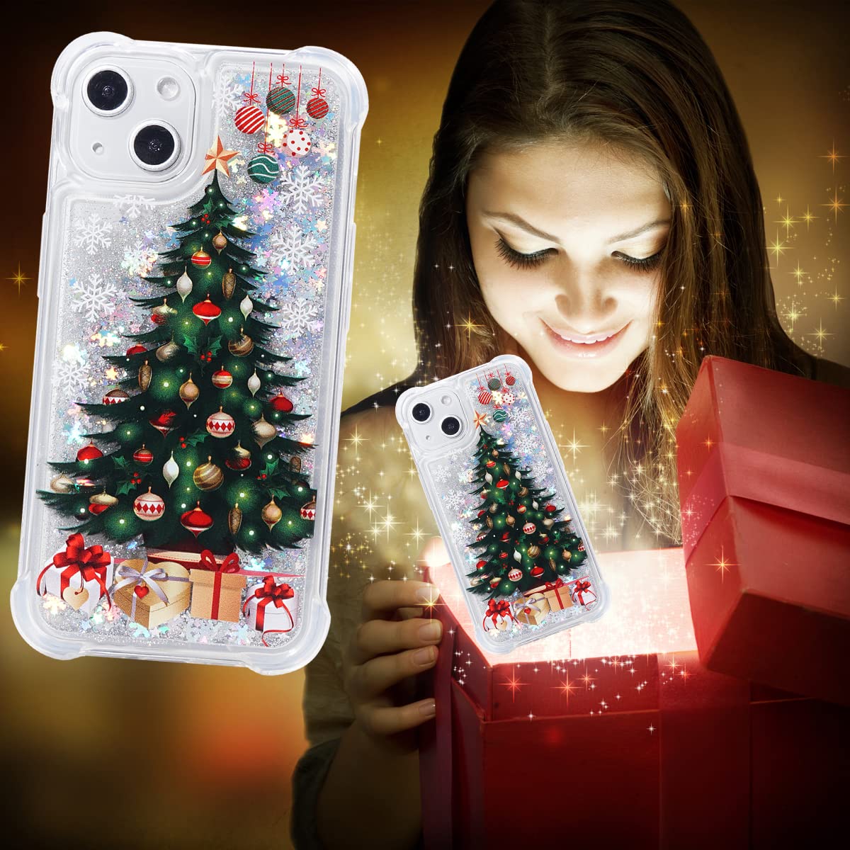 FLOCUTE Glitter Christmas Case Compatible with iPhone 13 Mini Glitter Case Christmas Tree Clear Soft TPU Rubber Bumper Girly Women Cute Liquid Holiday Case for iPhone 13 Mini (Christmas Tree)