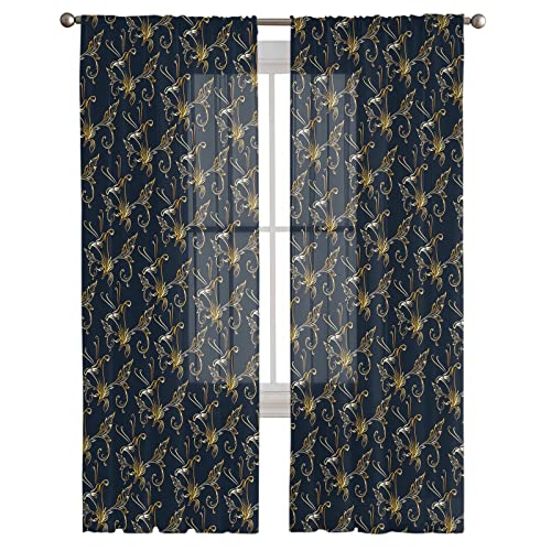 Singingin Chiffon Backdrop Curtain, Gold Gradient Floral Leaves Black Soft Lightweight Window Drapes Rod Pocket Curtains for Bedroom Living Room Home Office Decor 52 x 84 Inch, 2 Panels