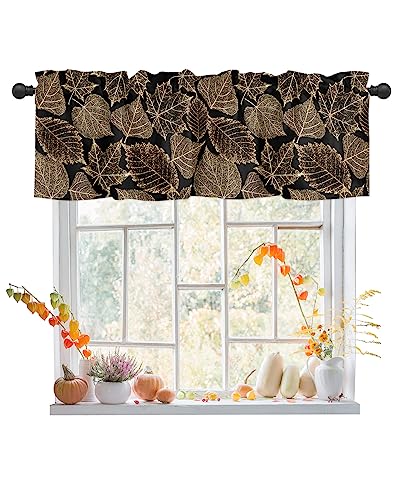 Thanksgiving Fall Valance Curtains for Living Room/Bedroom/Bathroom/Kitchen Window,Rod Pocket Tiers Small Curtain Drape Window Panel Treatment,Gold Autumn Maple Leaves Black Backdrop Valance 54"x18"