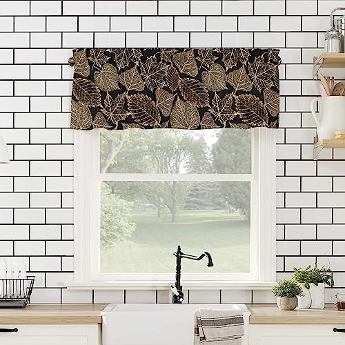 Thanksgiving Fall Valance Curtains for Living Room/Bedroom/Bathroom/Kitchen Window,Rod Pocket Tiers Small Curtain Drape Window Panel Treatment,Gold Autumn Maple Leaves Black Backdrop Valance 54"x18"