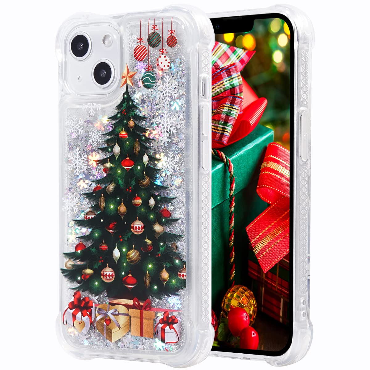 FLOCUTE Glitter Christmas Case Compatible with iPhone 13 Mini Glitter Case Christmas Tree Clear Soft TPU Rubber Bumper Girly Women Cute Liquid Holiday Case for iPhone 13 Mini (Christmas Tree)