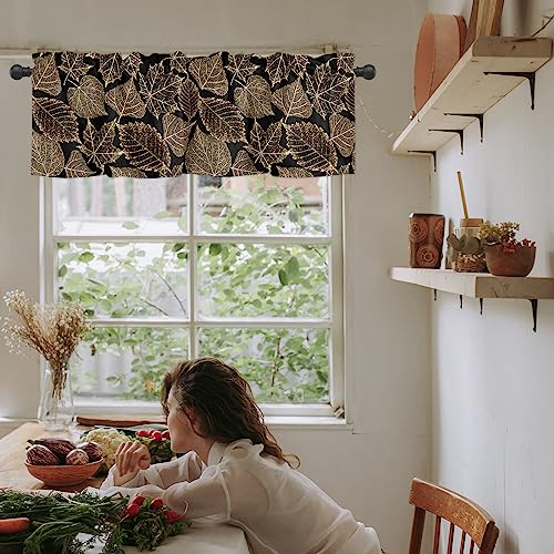 Thanksgiving Fall Valance Curtains for Living Room/Bedroom/Bathroom/Kitchen Window,Rod Pocket Tiers Small Curtain Drape Window Panel Treatment,Gold Autumn Maple Leaves Black Backdrop Valance 54"x18"