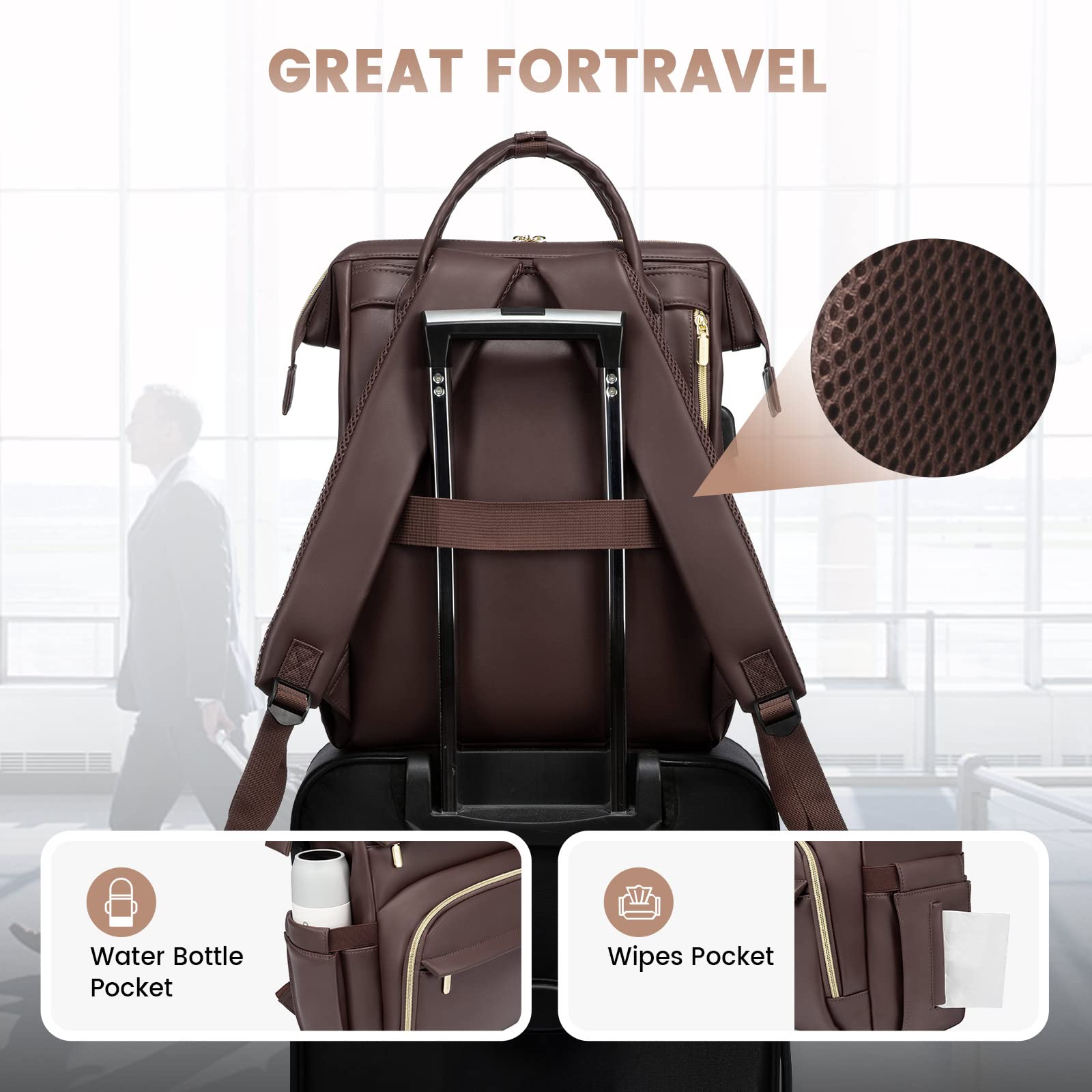 LOVEVOOK Leather Laptop Backpack for Women 17 inch,Travel Backpack Purse Nurse Teacher Backpack Computer Laptop Bag,Professional College Business Work Bags Carry On Backpack with USB Port,Coffee