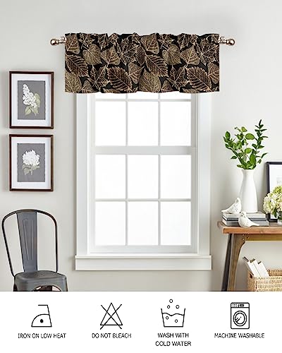 Thanksgiving Fall Valance Curtains for Living Room/Bedroom/Bathroom/Kitchen Window,Rod Pocket Tiers Small Curtain Drape Window Panel Treatment,Gold Autumn Maple Leaves Black Backdrop Valance 54"x18"