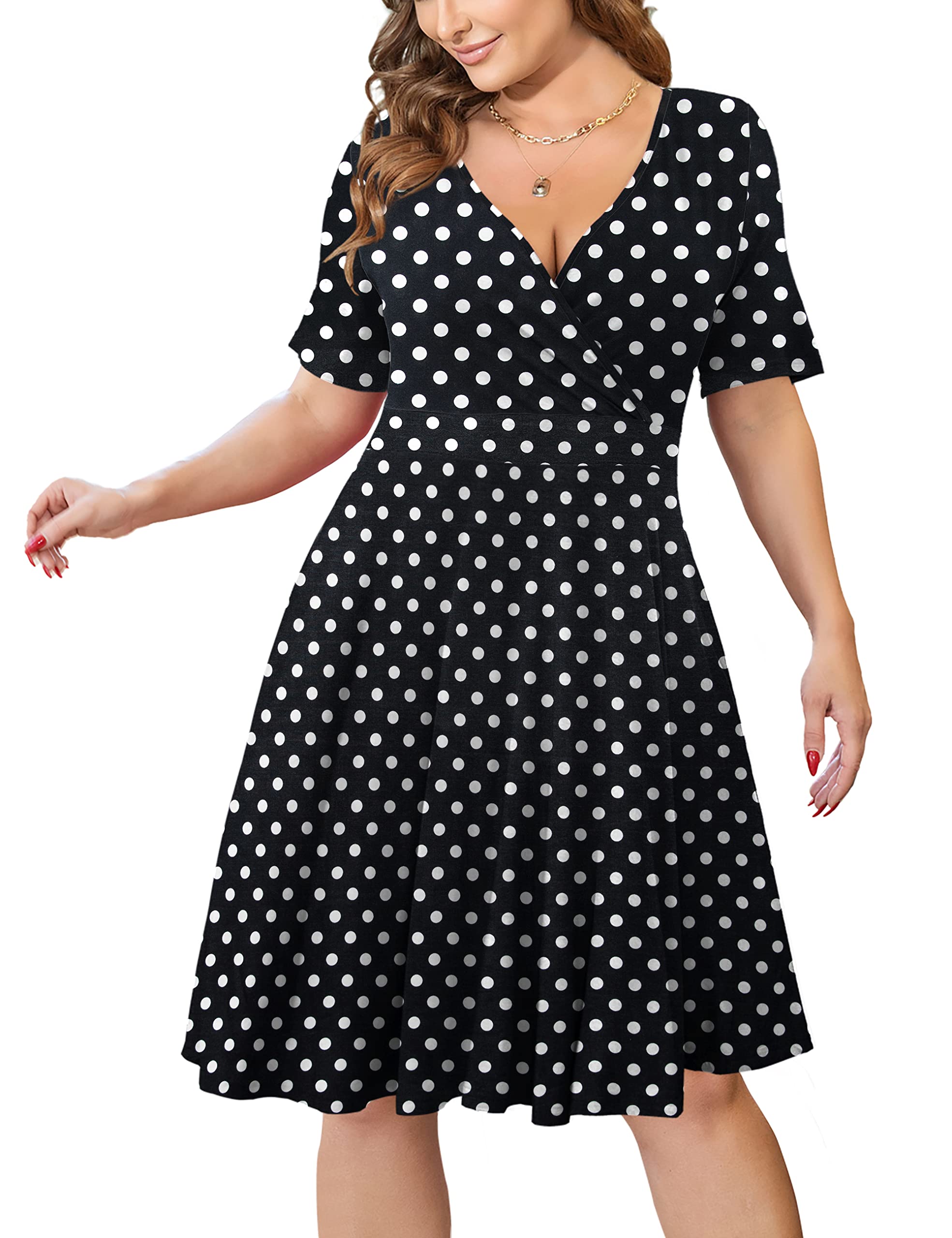 Ahlaray Womens Plus Size Summer Dresses Short Sleeve Causal Swing Faux Wrap Dress with Pockets, Polka Dot, 2XL