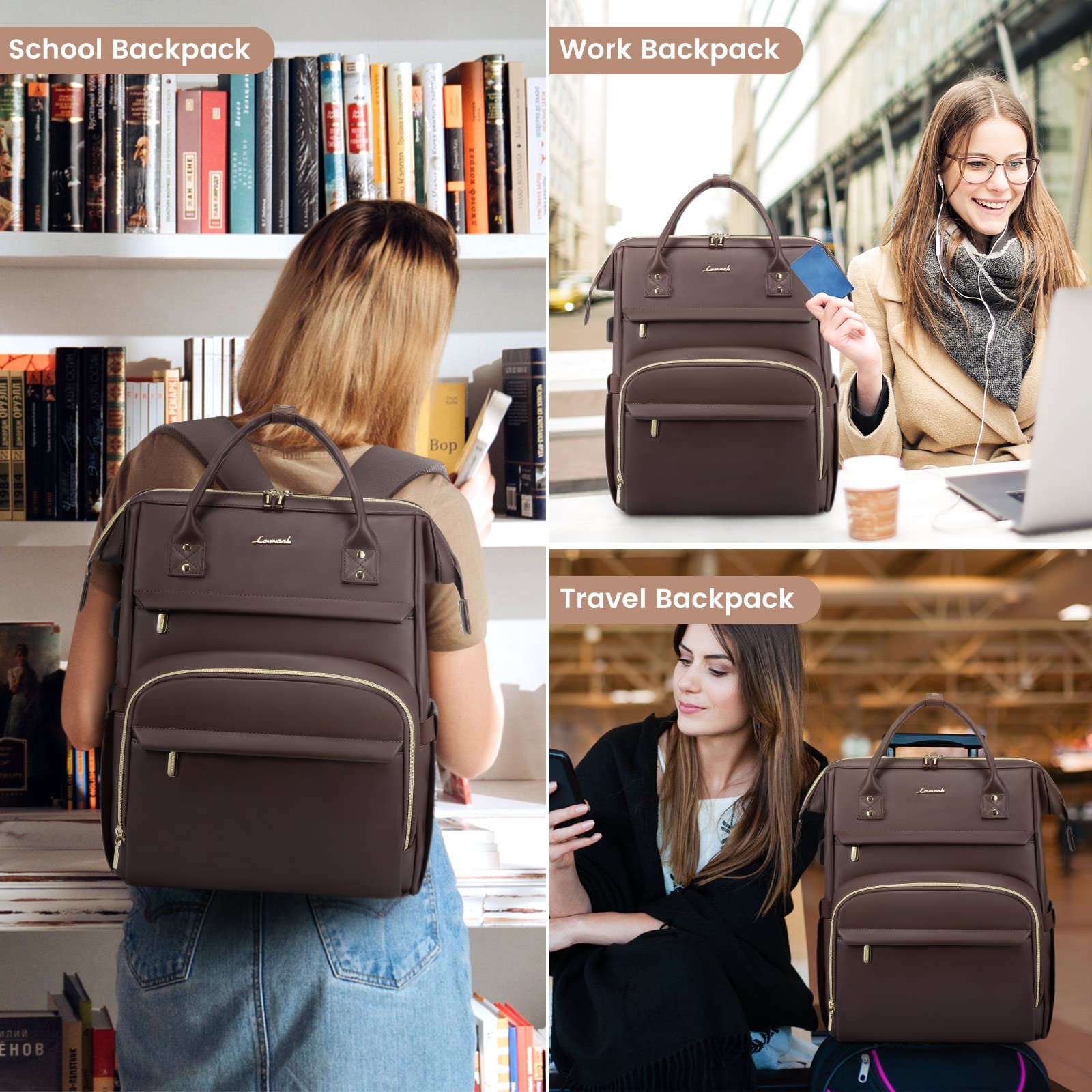 LOVEVOOK Leather Laptop Backpack for Women 17 inch,Travel Backpack Purse Nurse Teacher Backpack Computer Laptop Bag,Professional College Business Work Bags Carry On Backpack with USB Port,Coffee