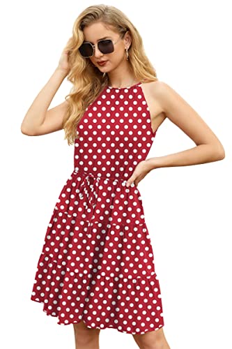 GRECERELLE Women 2023 Summer Halter Neck Dresses Sleeveless Casual Polka Dot Print Short Boho Ruffle Sundress(Medium, PD Wine Red)